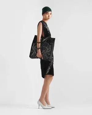 Prada Re-nylon Patchwork Tote Bag With Embroidery And Studs - Black
