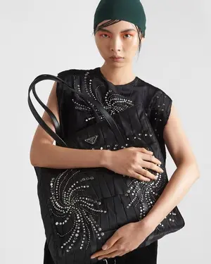 Prada Re-nylon Patchwork Tote Bag With Embroidery And Studs - Black
