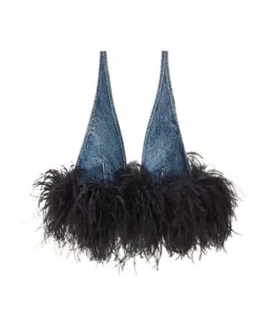Miu Miu Denim Cropped Top With Feather Embellishment - Blue