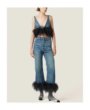 Miu Miu Denim Cropped Top With Feather Embellishment