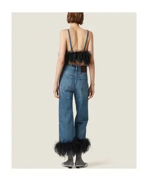 Miu Miu Denim Cropped Top With Feather Embellishment