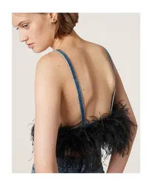 Miu Miu Denim Cropped Top With Feather Embellishment