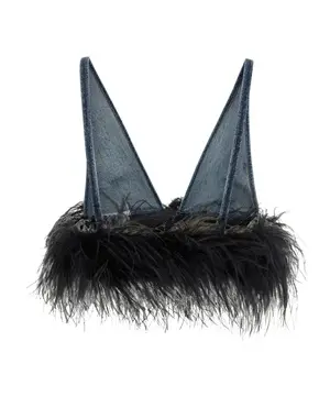 Miu Miu Denim Cropped Top With Feather Embellishment
