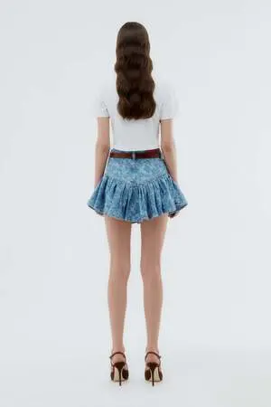 Alessandra Rich Floral Print Ruffled Denim Mini Skirt