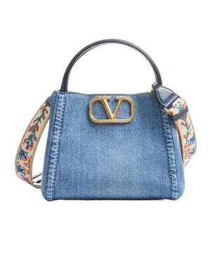 Valentino Garavani Alltime Logo Plaque Medium Denim Tote Bag