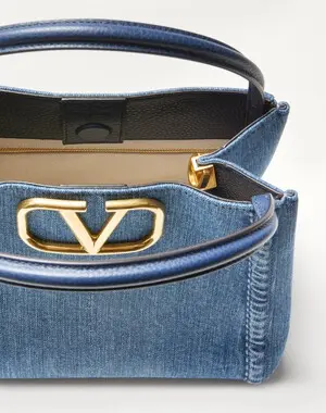 Valentino Garavani Alltime Logo Plaque Medium Denim Tote Bag