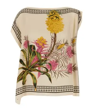 Blumarine Asymmetrical Floral Print Top - Nude