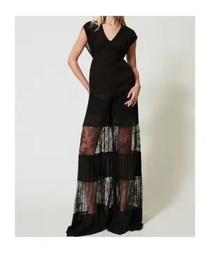 TWINSET Lace Pleated Georgette Wide-leg Trousers