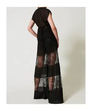 TWINSET Lace Pleated Georgette Wide-leg Trousers