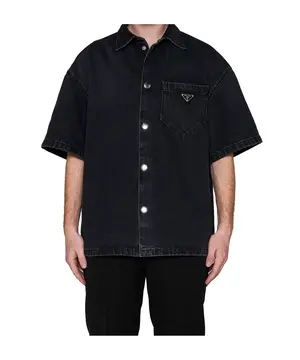 Prada Logo Plaque Short Sleeved Denim Shirt - Black