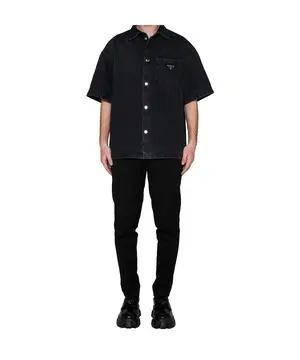 Prada Logo Plaque Short Sleeved Denim Shirt - Black