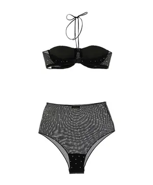 Oseree Crystal-embellished Mesh Bra Set - Black