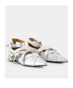 Toga Pointed Toe Ballet Flats With Buckles - Silver