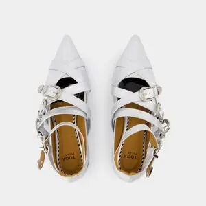 Toga Pointed Toe Ballet Flats With Buckles - Silver