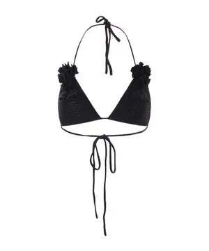 SELF-PORTRAIT Crochet Knit Triangle Bikini Bottoms With Flower Embellishments - Black