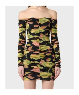 Blumarine Off-the-shoulder Ruched Floral Long Sleeve Dress