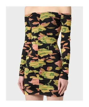 Blumarine Off-the-shoulder Ruched Floral Long Sleeve Dress