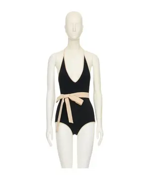 Valentino Garavani Halterneck One-piece Swimsuit With Cream Piping And Tie Waist - Black