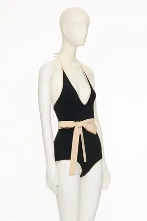 Valentino Garavani Halterneck One-piece Swimsuit With Cream Piping And Tie Waist - Black