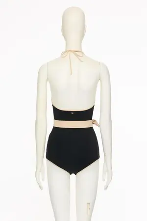 Valentino Garavani Halterneck One-piece Swimsuit With Cream Piping And Tie Waist - Black