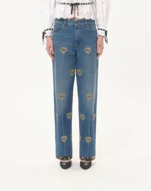 Valentino Garavani Heart Embellished Wide Leg Jeans