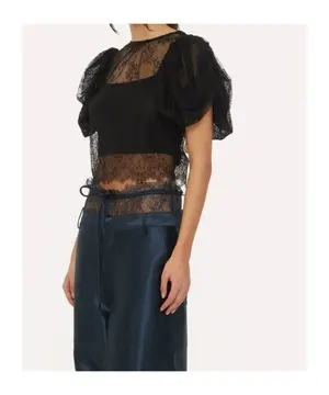 ROTATE BY BIRGER CHRISTENSEN Cropped Puff Sleeve Lace Blouse