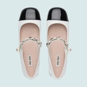 Miu Miu Patent Leather Ballerina Pumps With Chain And Pearl Embellishments