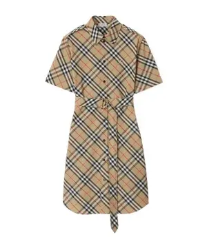 Burberry Checked Cotton Gabardine Shirt Dress With Belt - Sand