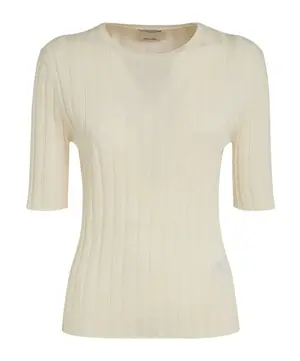 ALLUDE Round Neck Ribbed Knit Short Sleeve Cardigan