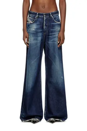 DIESEL® Frayed Wide-leg Jeans - Dark Blue