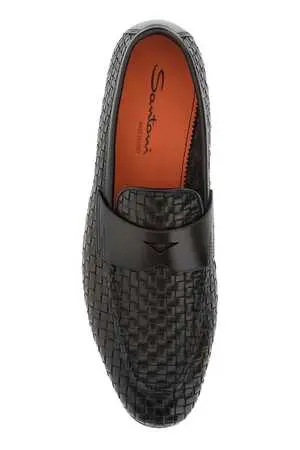 Santoni Almond Toe Woven Loafers - Black