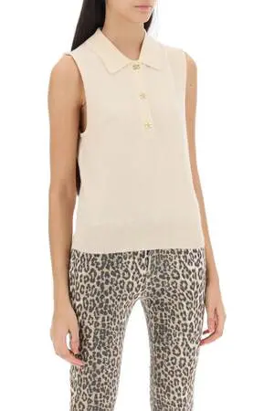 GANNI Logo Button Knitted Vest - Nude