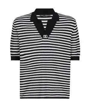 Dolce & Gabbana Dolce Gabbana Dg Logo Embroidered Striped V-neck Polo Shirt - Black