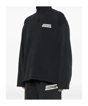 Balenciaga Quarter-zip Distressed Logo Sweater - Black