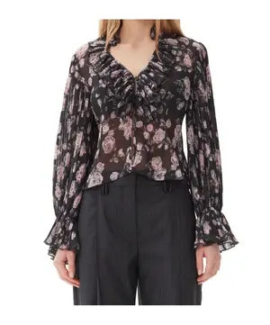 GANNI Floral Printed Pleated Georgette Blouse