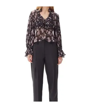 GANNI Floral Printed Pleated Georgette Blouse