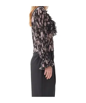 GANNI Floral Printed Pleated Georgette Blouse