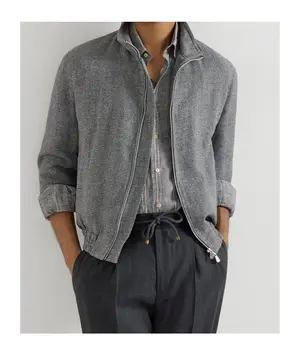 Brunello Cucinelli Stand Collar Hopsack Outerwear Jacket - Medium Grey