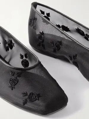 Magda Butrym Mesh Ballet Flats With Embroidered Floral Detail - Black
