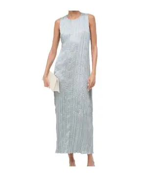 Staud Mizu Sage Plissé Midi Dress With Detachable Belt - Silver