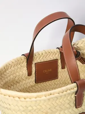 Celine Teen Classic Panier In Palm Leaves And Calfskin - Tan