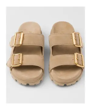 Prada Suede Strap Slides With Metal Buckles