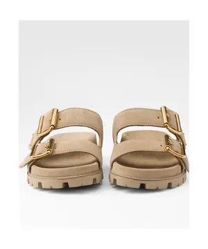 Prada Suede Strap Slides With Metal Buckles