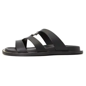 FERRAGAMO Leather Slip-on Sandals With Gold Tone Detail