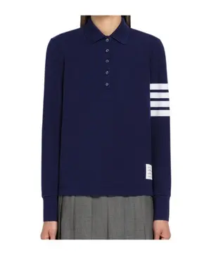 Thom Browne Long-sleeved Knitted Polo Shirt With Four Stripes - Navy Blue