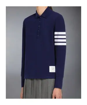 Thom Browne Long-sleeved Knitted Polo Shirt With Four Stripes - Navy Blue
