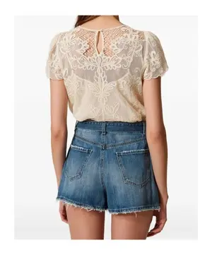 TWINSET Belted Fringed Denim Shorts - Gray