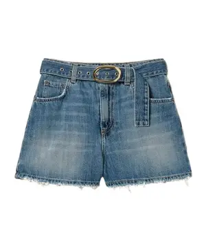 TWINSET Belted Fringed Denim Shorts - No