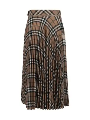 Burberry Checked Pleated Midi Skirt - Elm