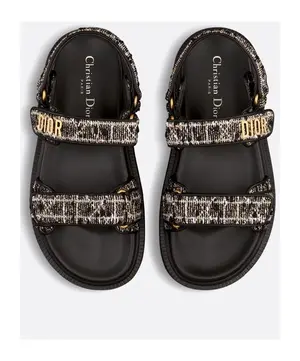 Dior Cannage Rattan Plaid Tweed Flat Sandals - Black